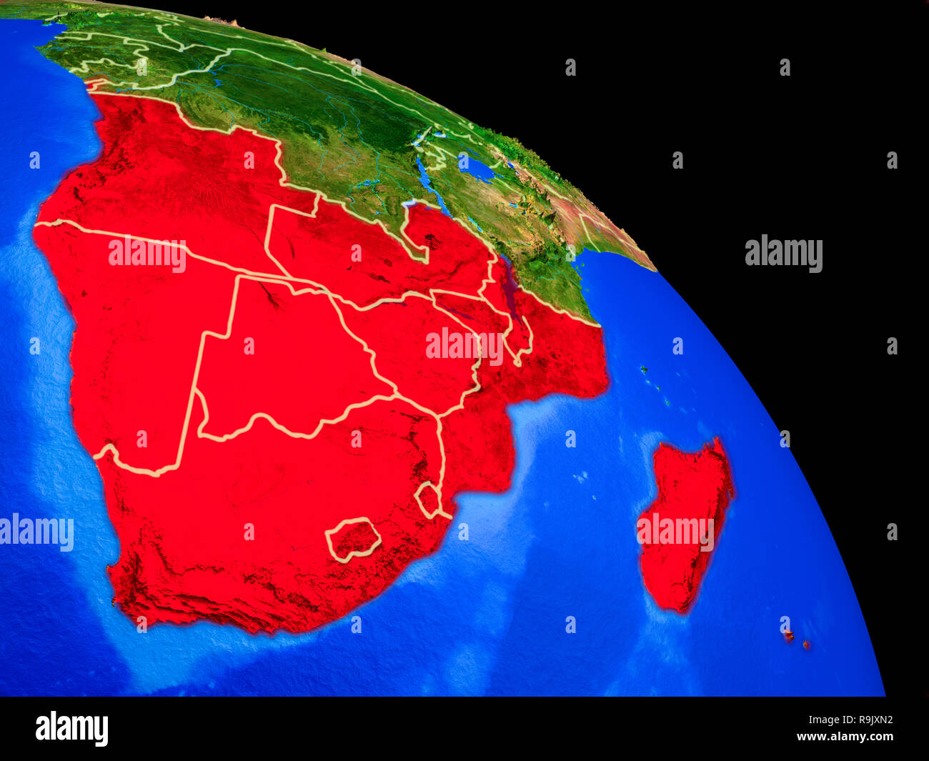 Southern Africa on planet Earth from space with country borders. Very ...
