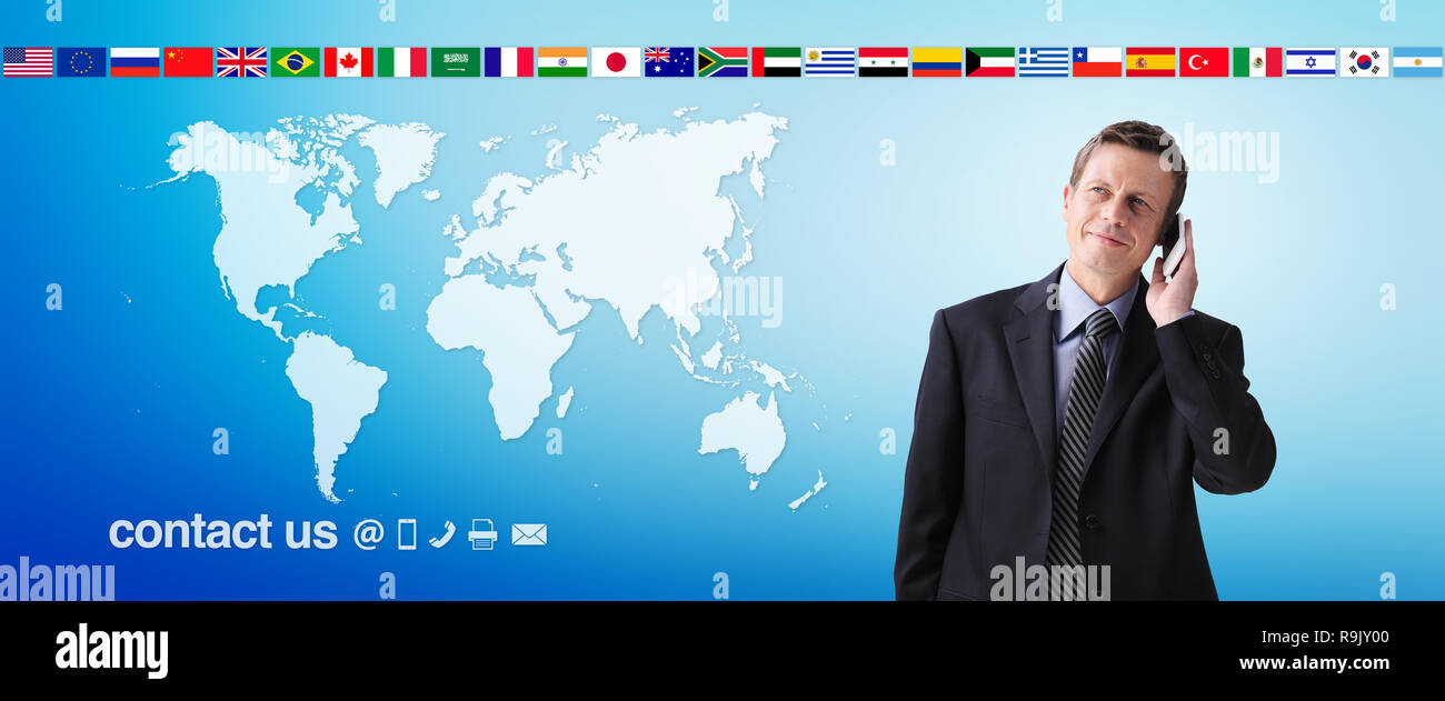 international contact us concept, businessman with mobile phone ...