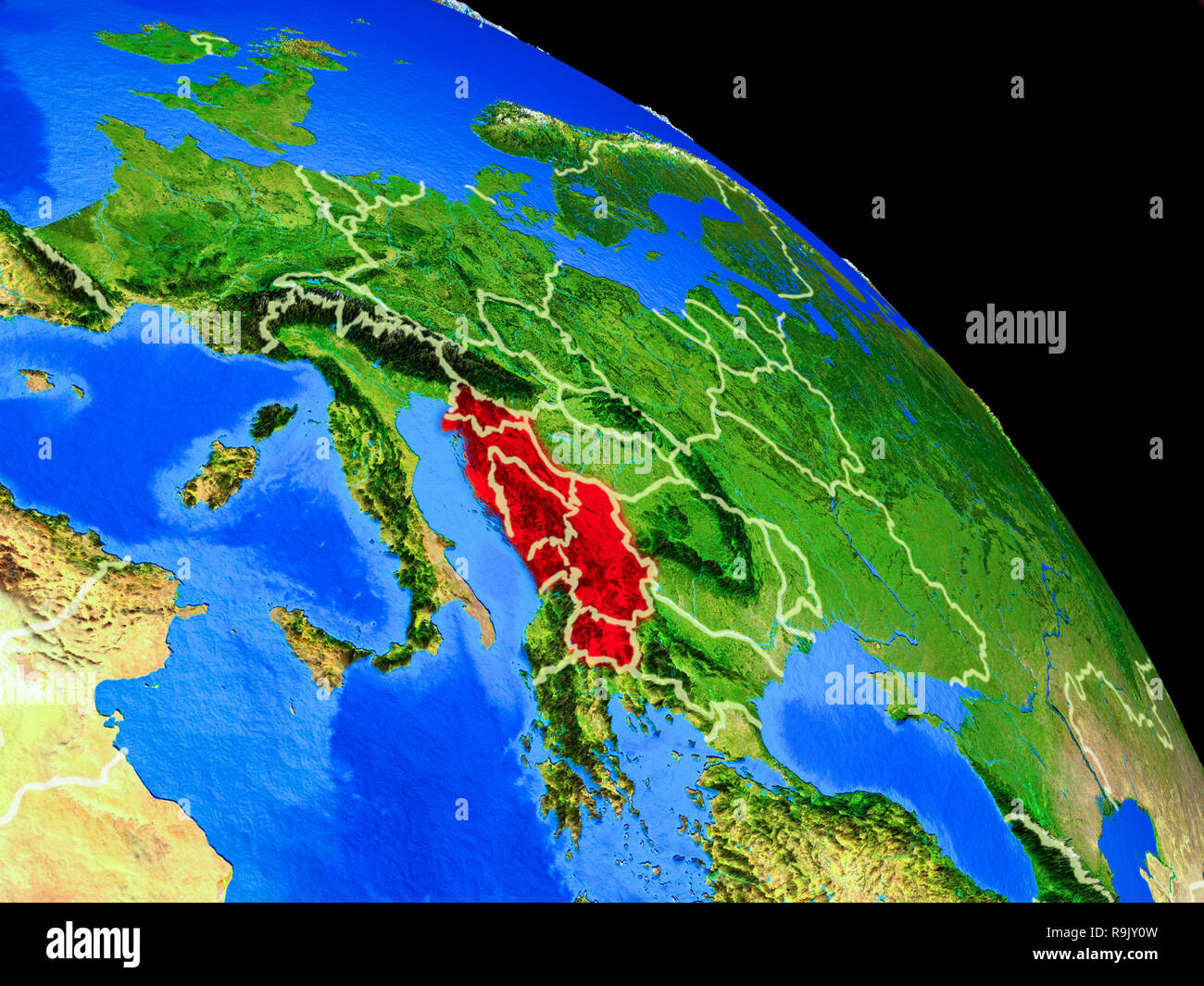 Former Yugoslavia on planet Earth from space with country borders. Very ...