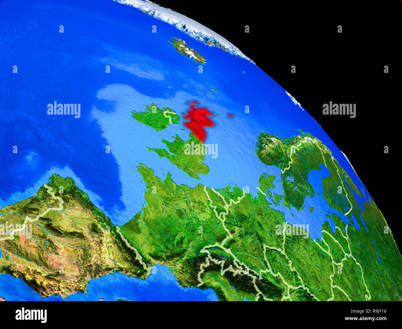Scotland on planet Earth from space with country borders. Very fine ...