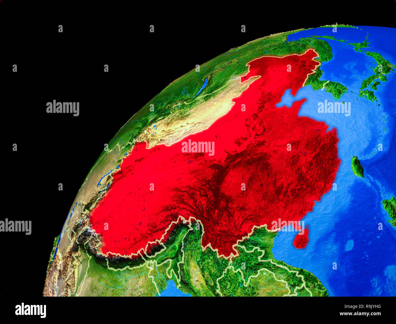 China from space. Planet Earth with country borders and extremely high ...