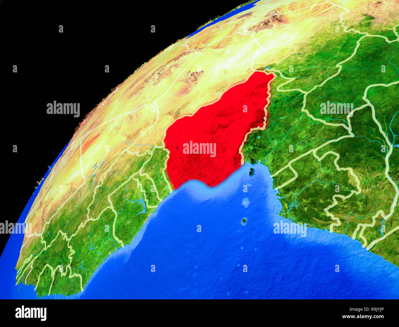 Nigeria from space. Planet Earth with country borders and extremely ...