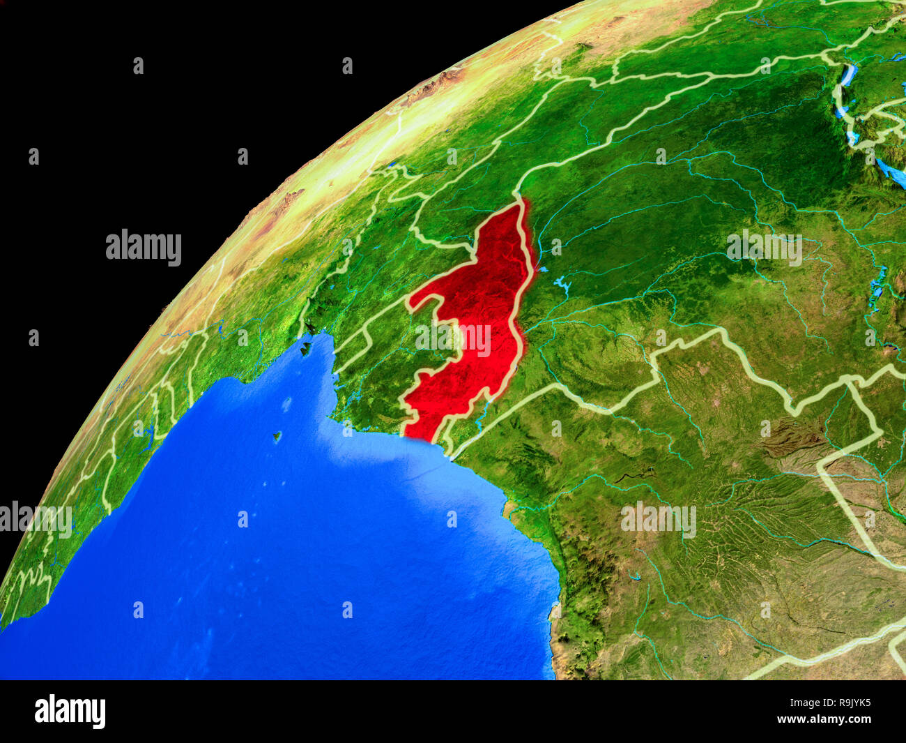 Congo from space. Planet Earth with country borders and extremely high ...