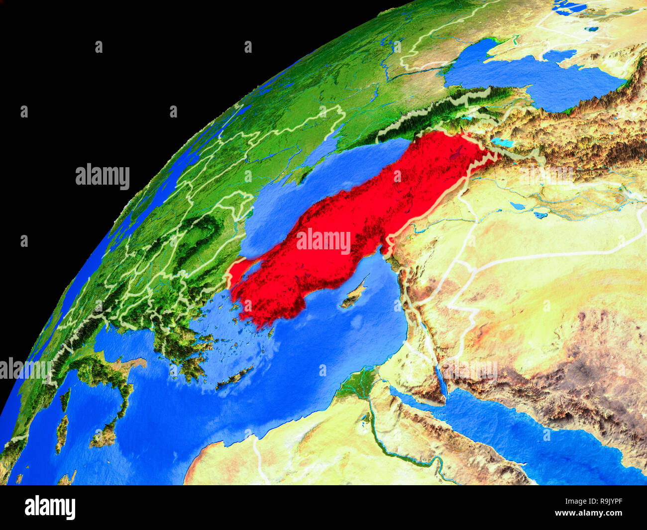 Turkey from space. Planet Earth with country borders and extremely high ...
