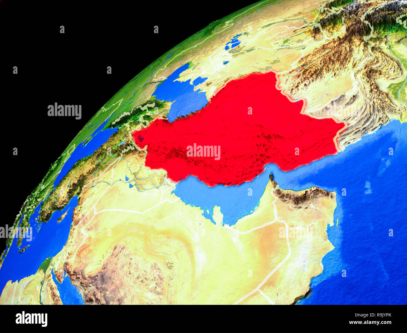 Iran from space. Planet Earth with country borders and extremely high ...