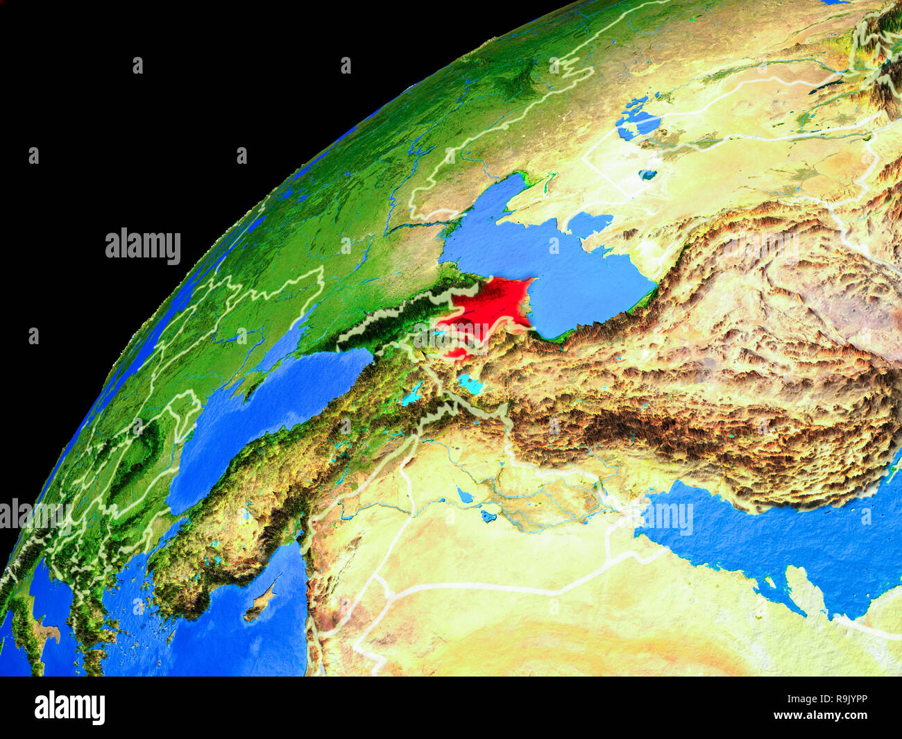 Azerbaijan from space. Planet Earth with country borders and extremely ...