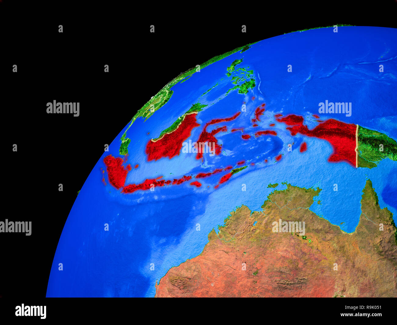 Indonesia from space. Planet Earth with country borders and extremely ...
