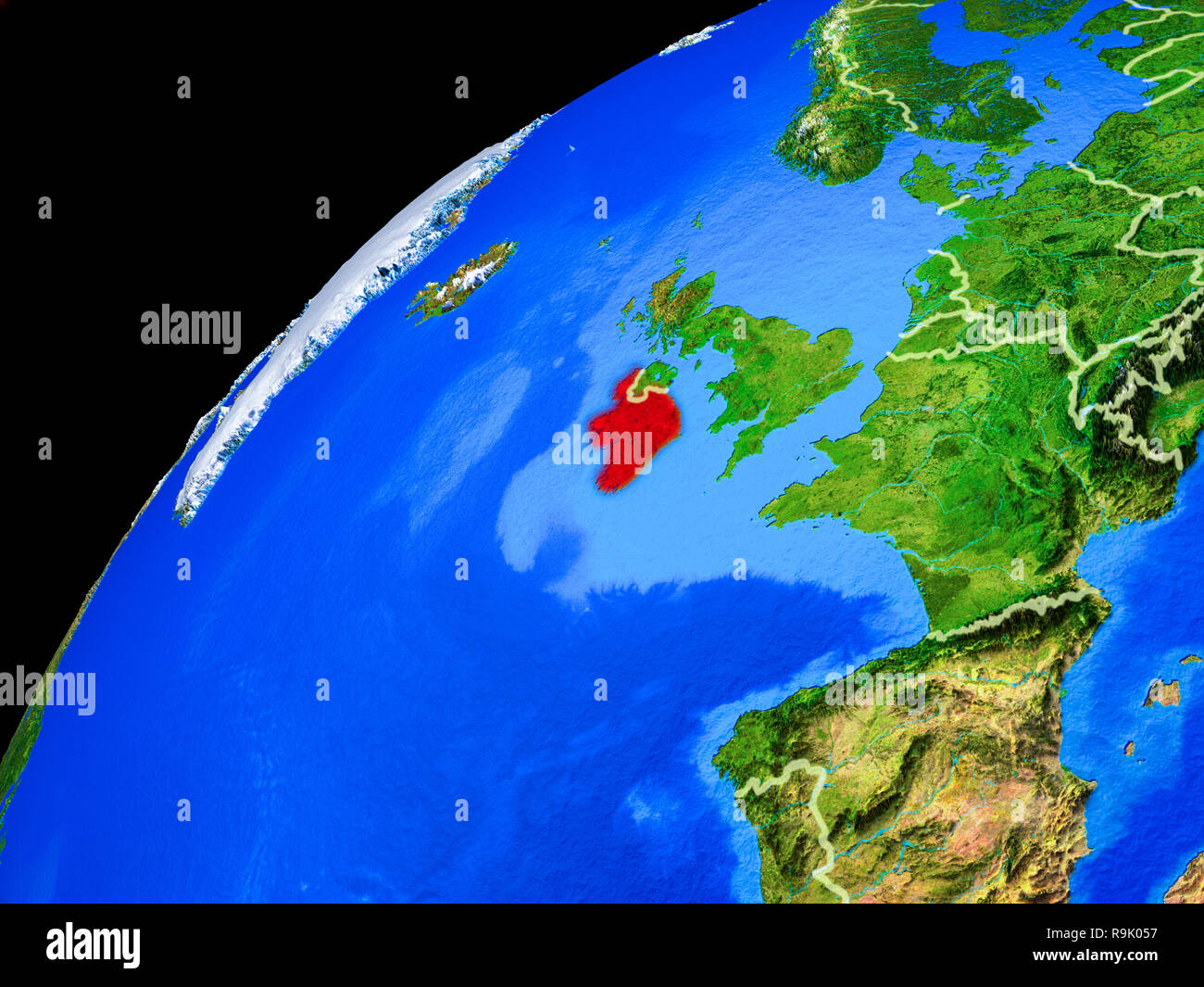 Ireland from space. Planet Earth with country borders and extremely ...