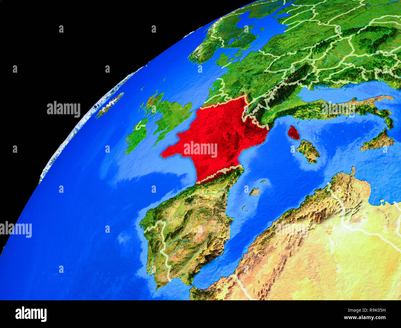 France from space. Planet Earth with country borders and extremely high ...