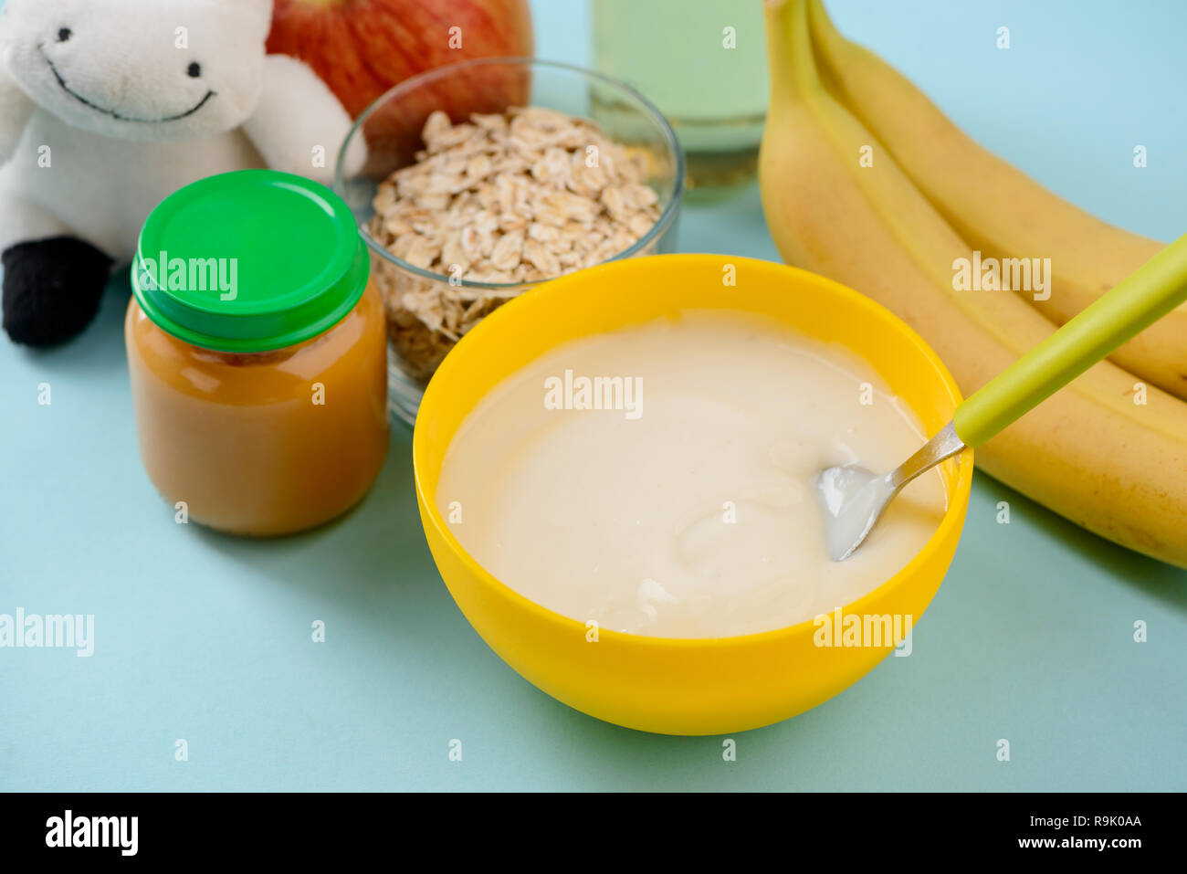 Apple puree, cereals and banana Stock Photo - Alamy