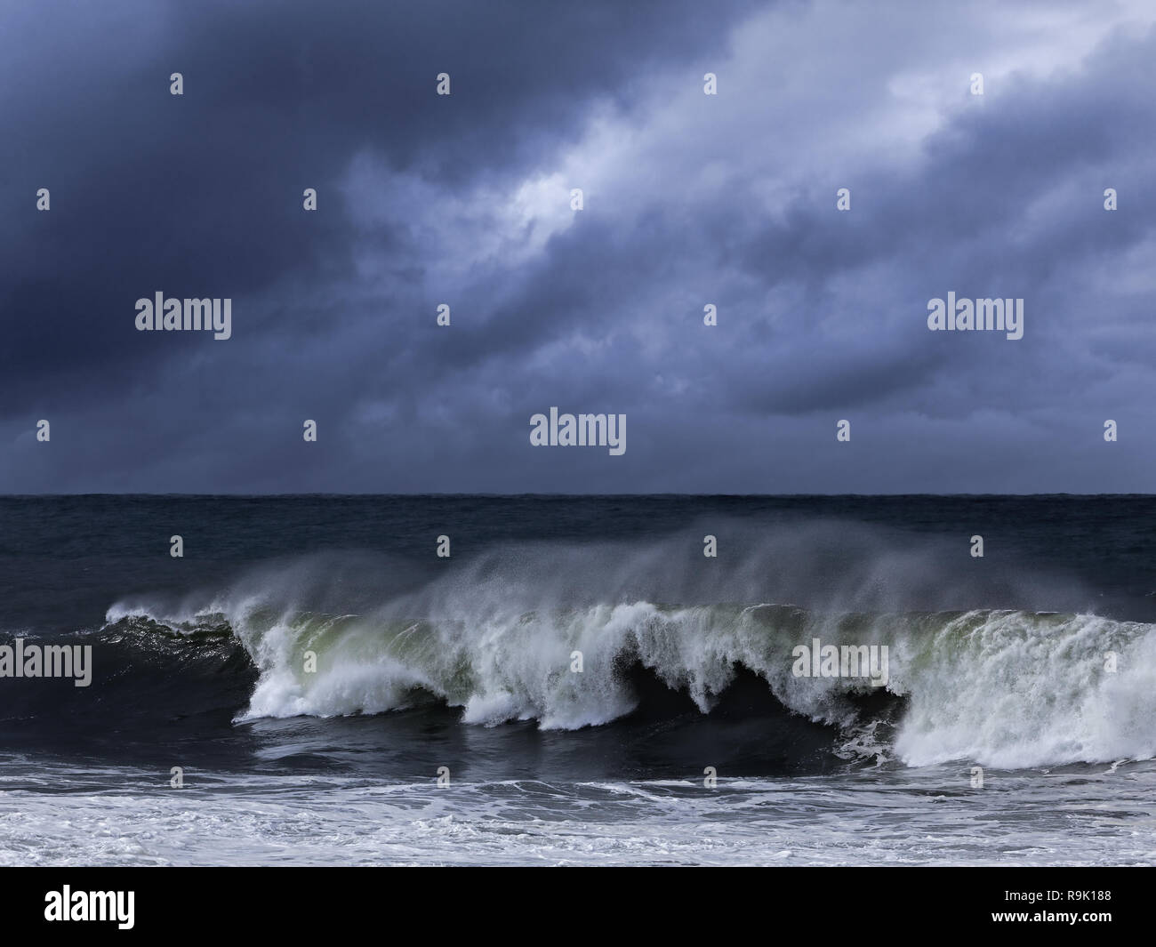 Moody seascape with windy wave. Enhanced sky. North of Portugal Stock ...