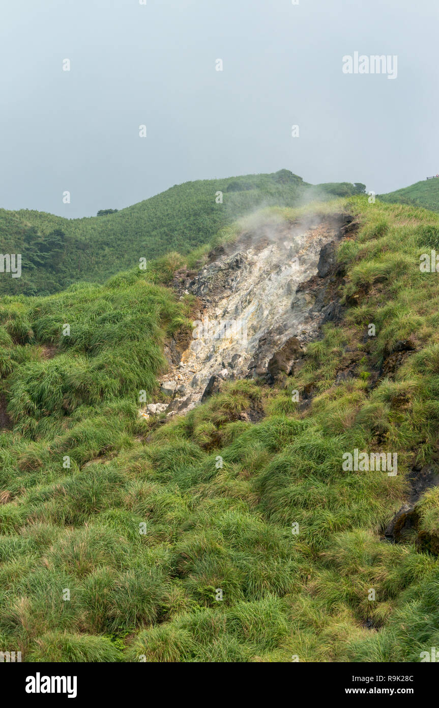 Geothermal hot spring with steam and sulfur crystals during summer time ...