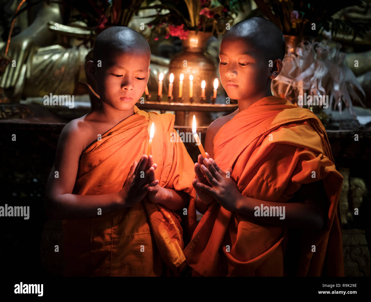 KYAING TONG, MYANMAR - CIRCA DECEMBER 2017: Monks at the Wat Jong Kham ...