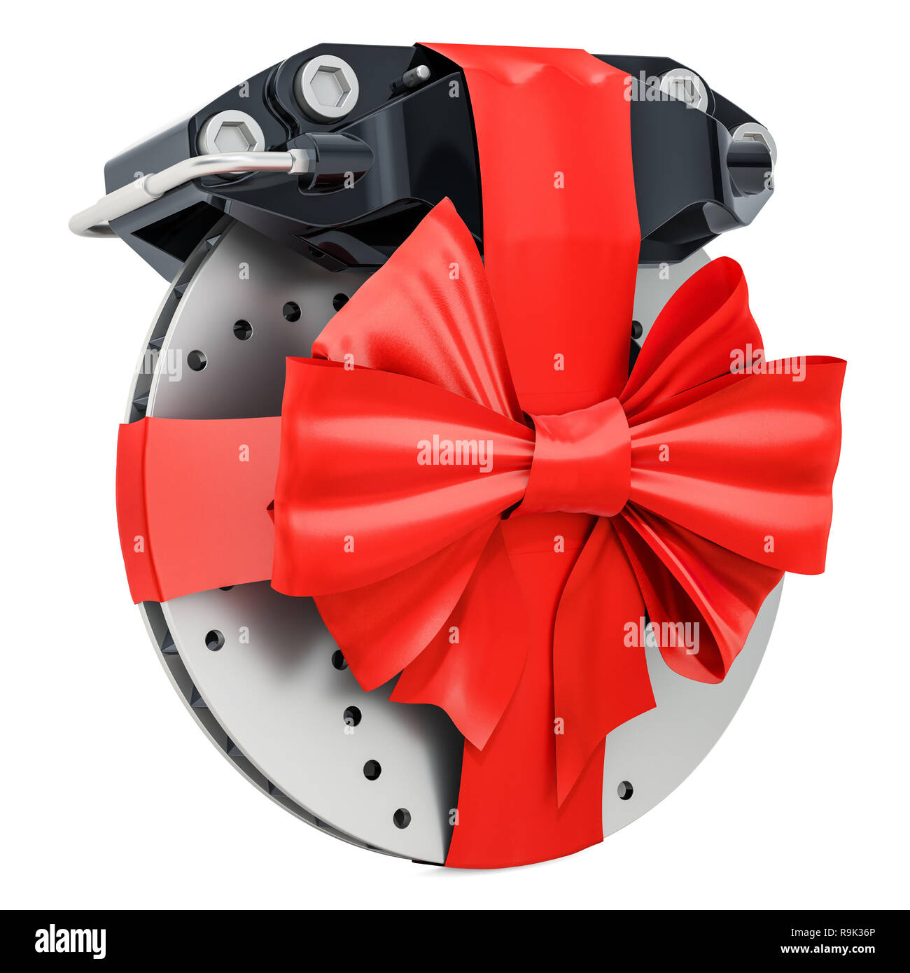 Car disc brake and caliper wrapped ribbon and bow, gift concept. 3D ...