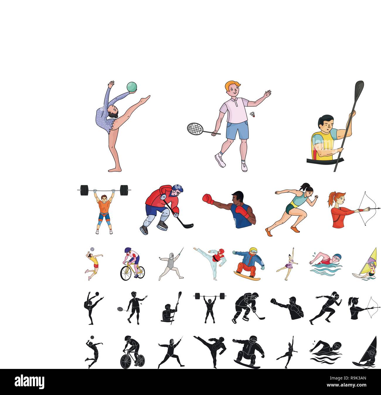 Different kinds of sports cartoon, black icons in set collection for ...