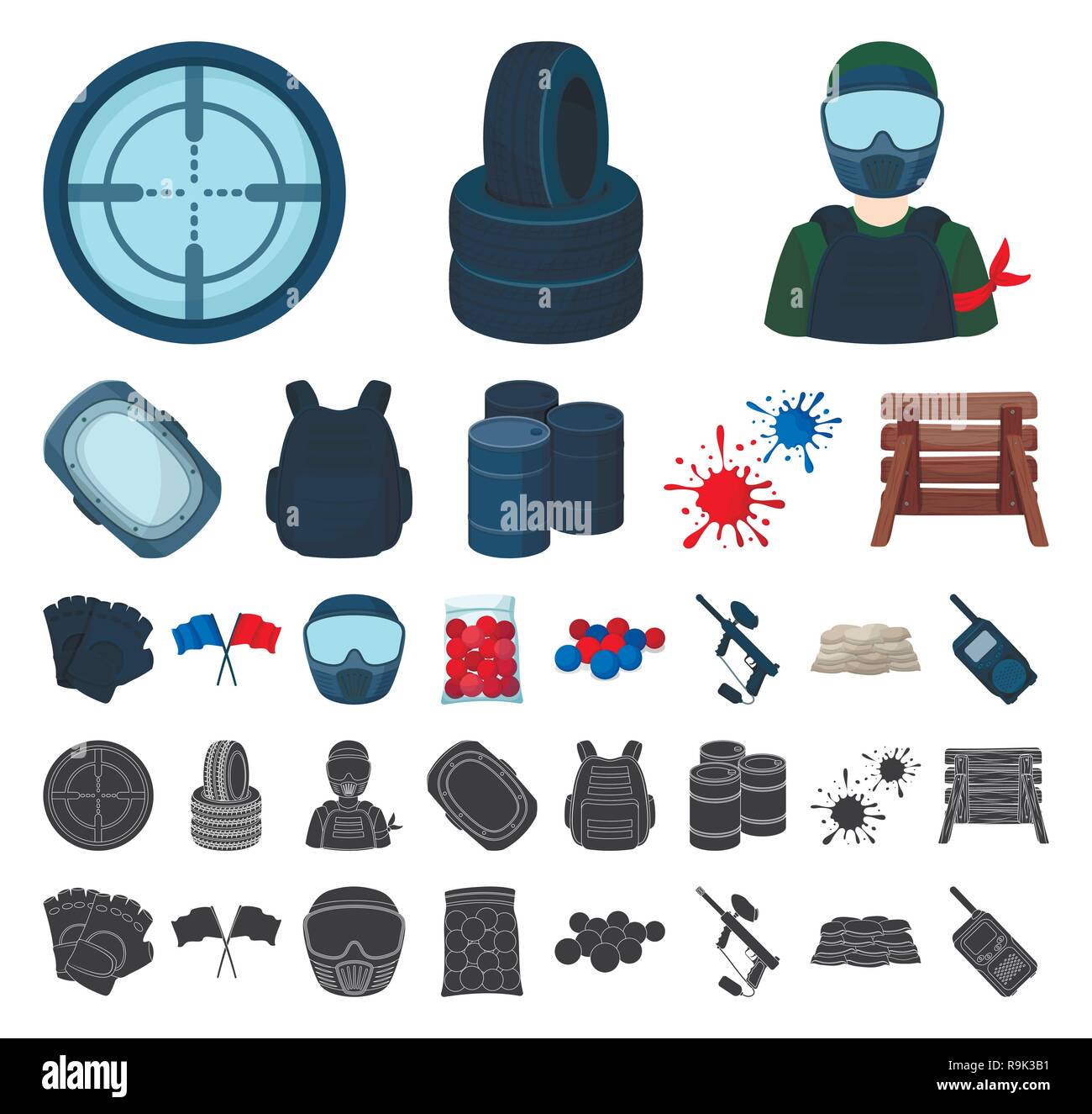 Paintball, team game cartoon, black icons in set collection for design ...