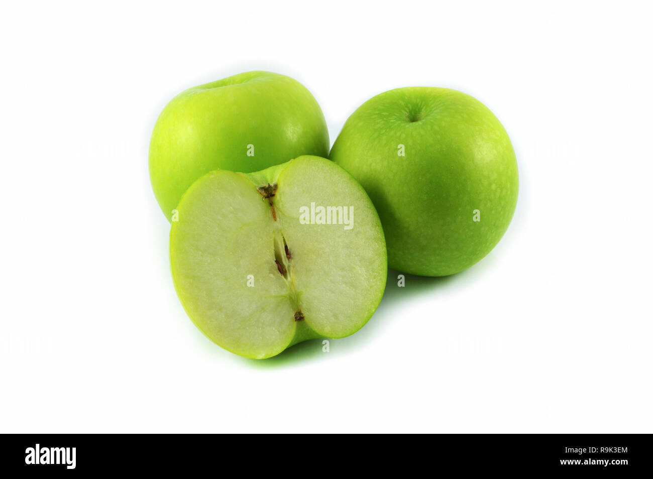 Green apple isolate on white background / three green fresh fruit split ...