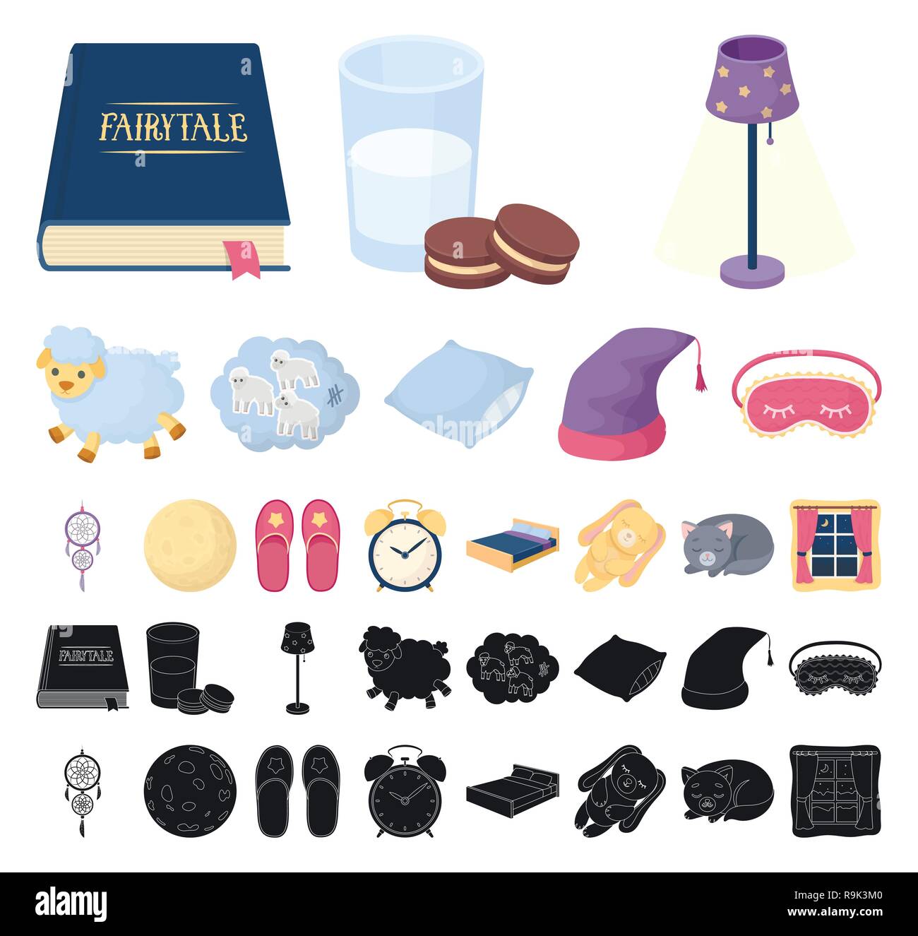 Rest and sleep cartoon, black icons in set collection for design ...