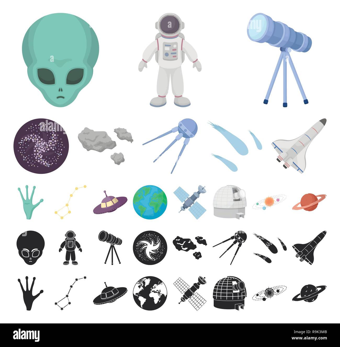 Space technology cartoon, black icons in set collection for design ...