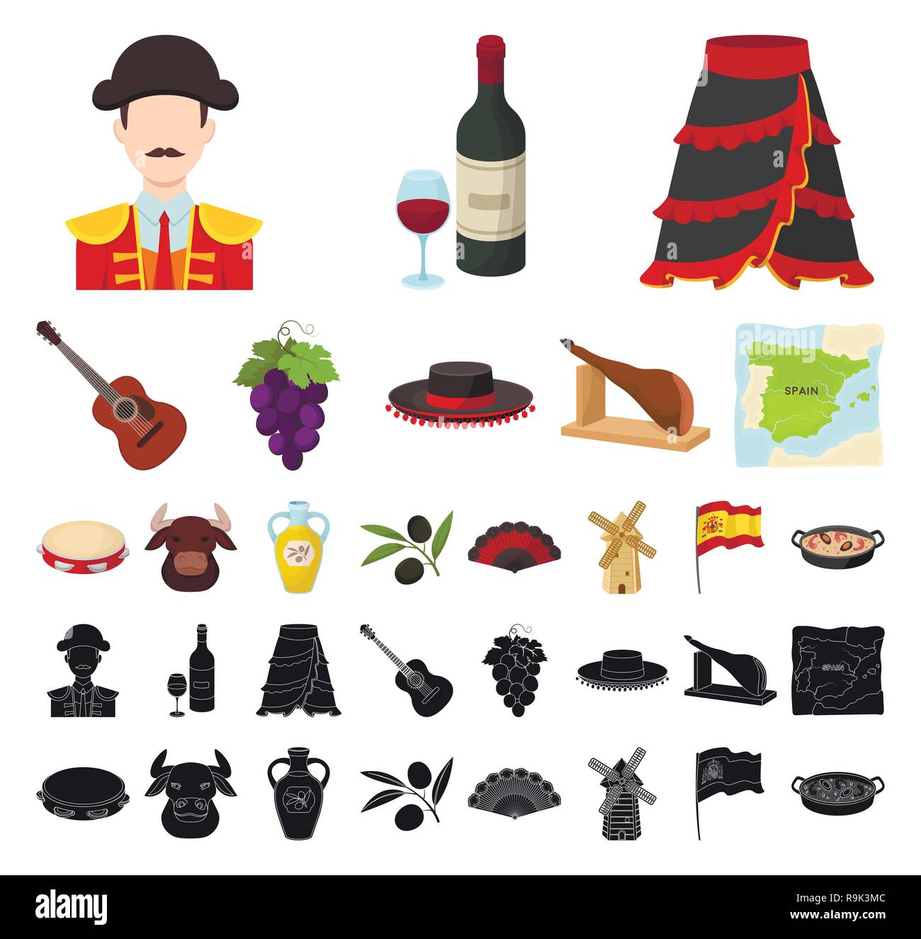 Spain country cartoon, black icons in set collection for design.Travel ...