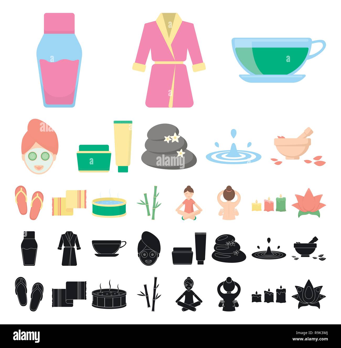 Spa salon and equipment cartoon, black icons in set collection for ...
