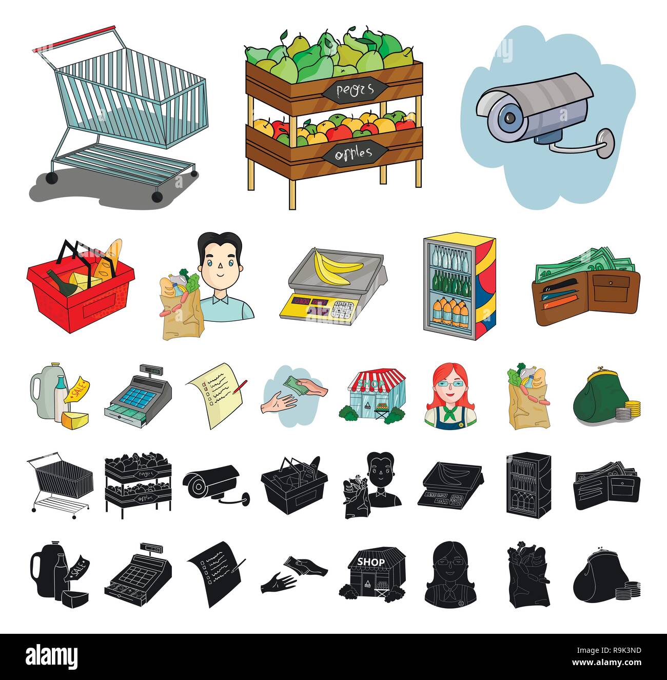 Supermarket and equipment cartoon, black icons in set collection for ...