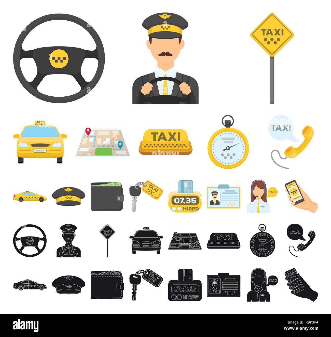 Taxi service cartoon, black icons in set collection for design. Taxi ...