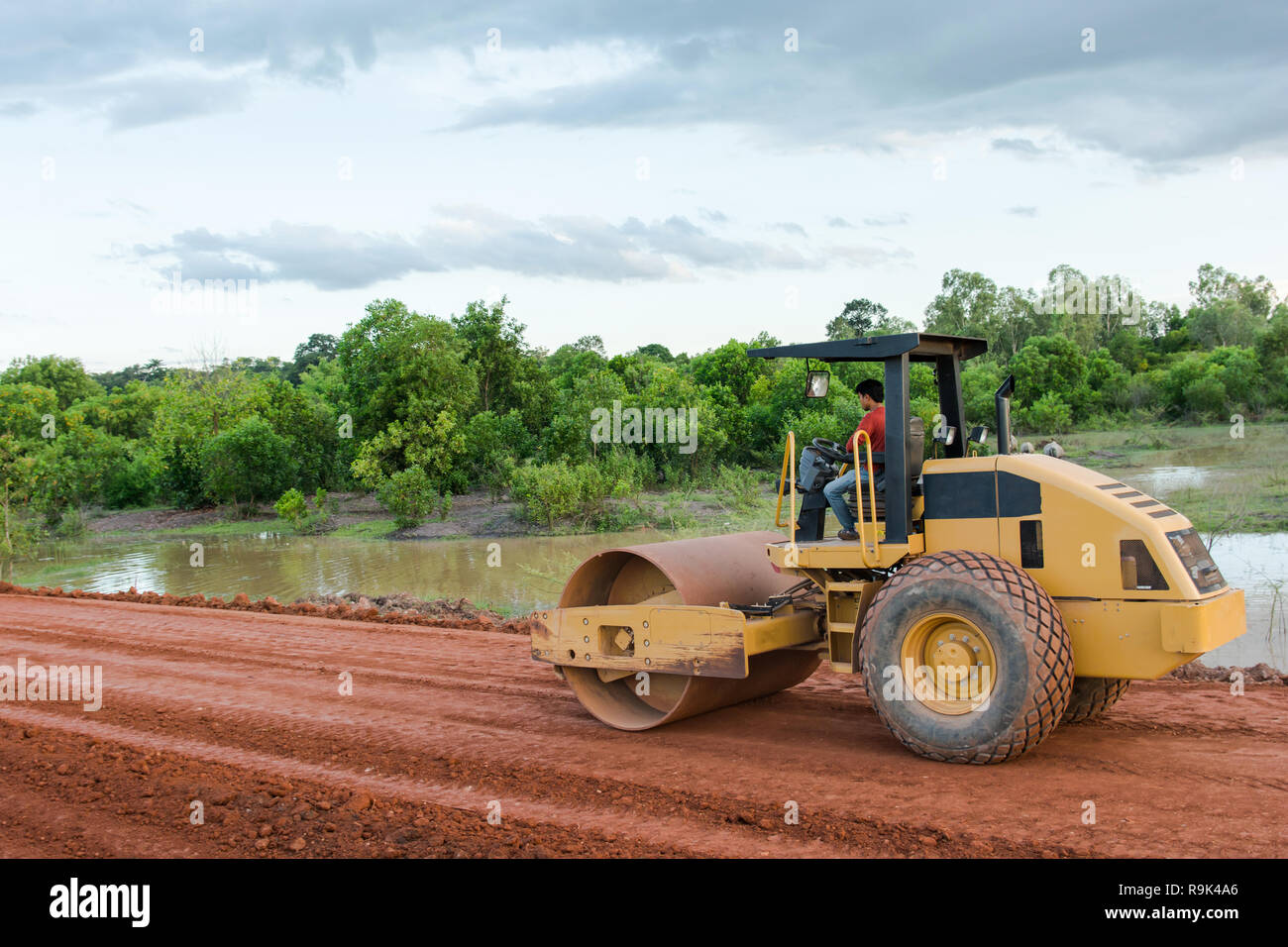 NAKHONPHANOM, THAILAND - July 1, 2018 : Roller steamroller or vibratory ...