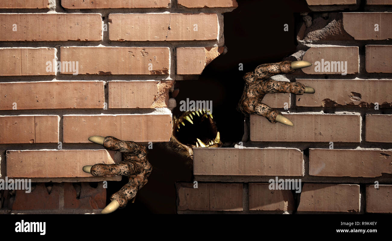 Dark series - paws of monster , breaking a brick wall Stock Photo - Alamy
