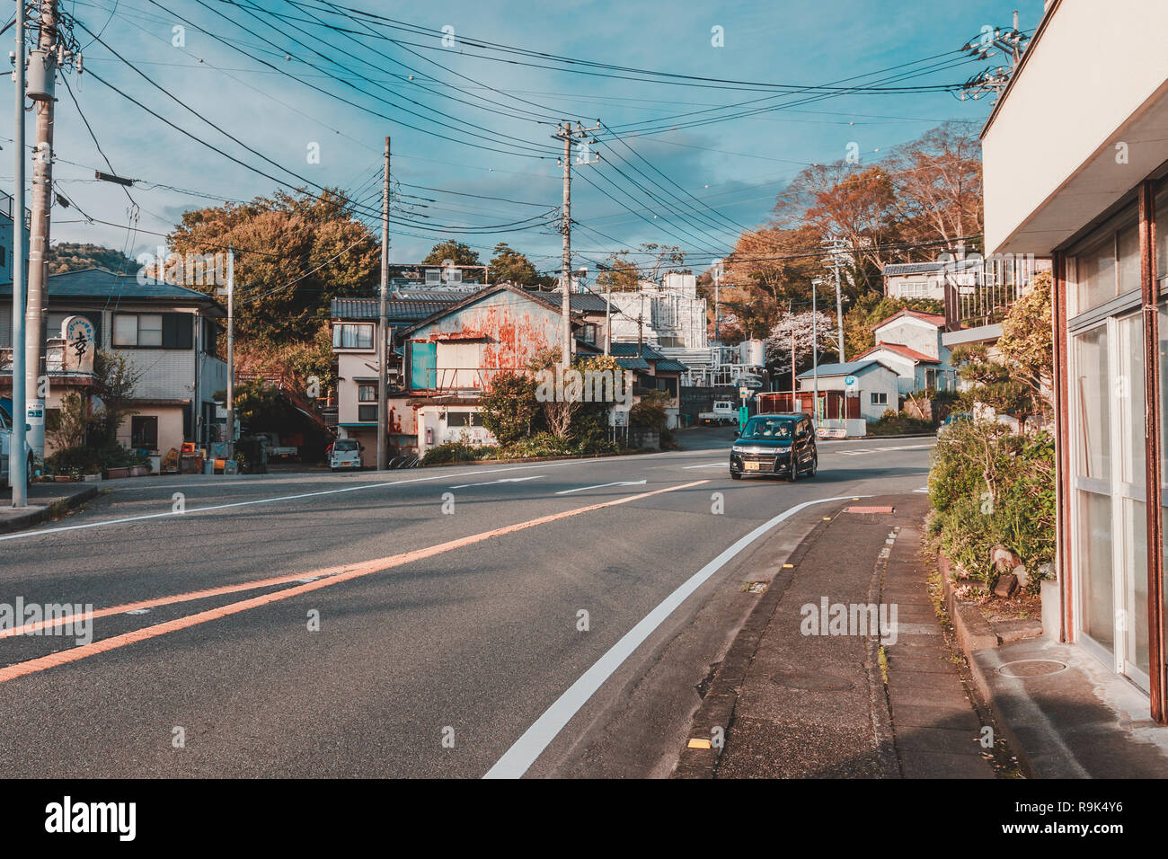 Street in Uchiura, rural (countryside) area, in Japan with power ...