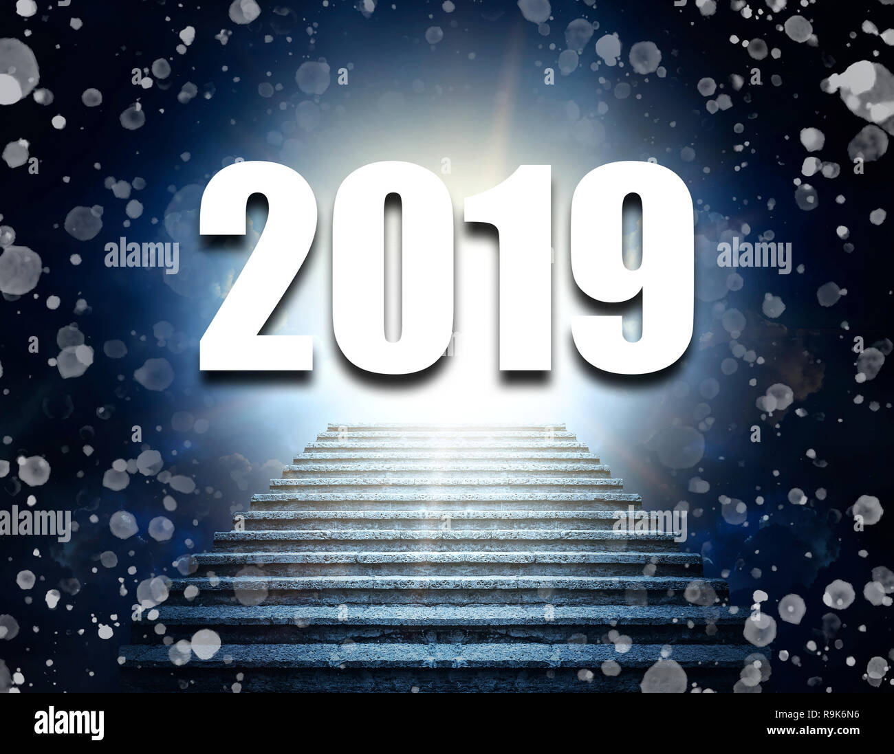 Two Thousand Nineteen. Stone steps leading to a bright light and the ...