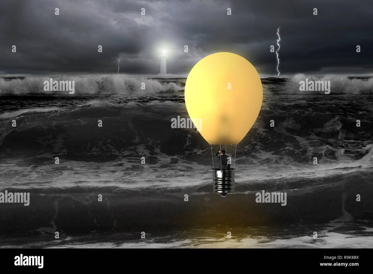 Man taking glowing lamp balloon with dramatic ocean, lightning and ...