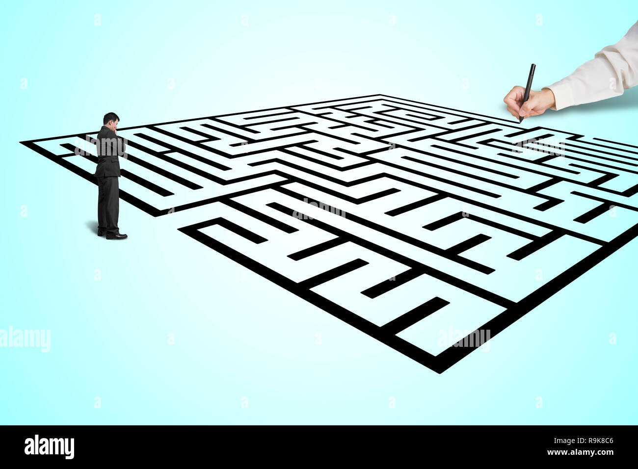 Hand drawing maze with thoughtful businessman standing in from, white ...