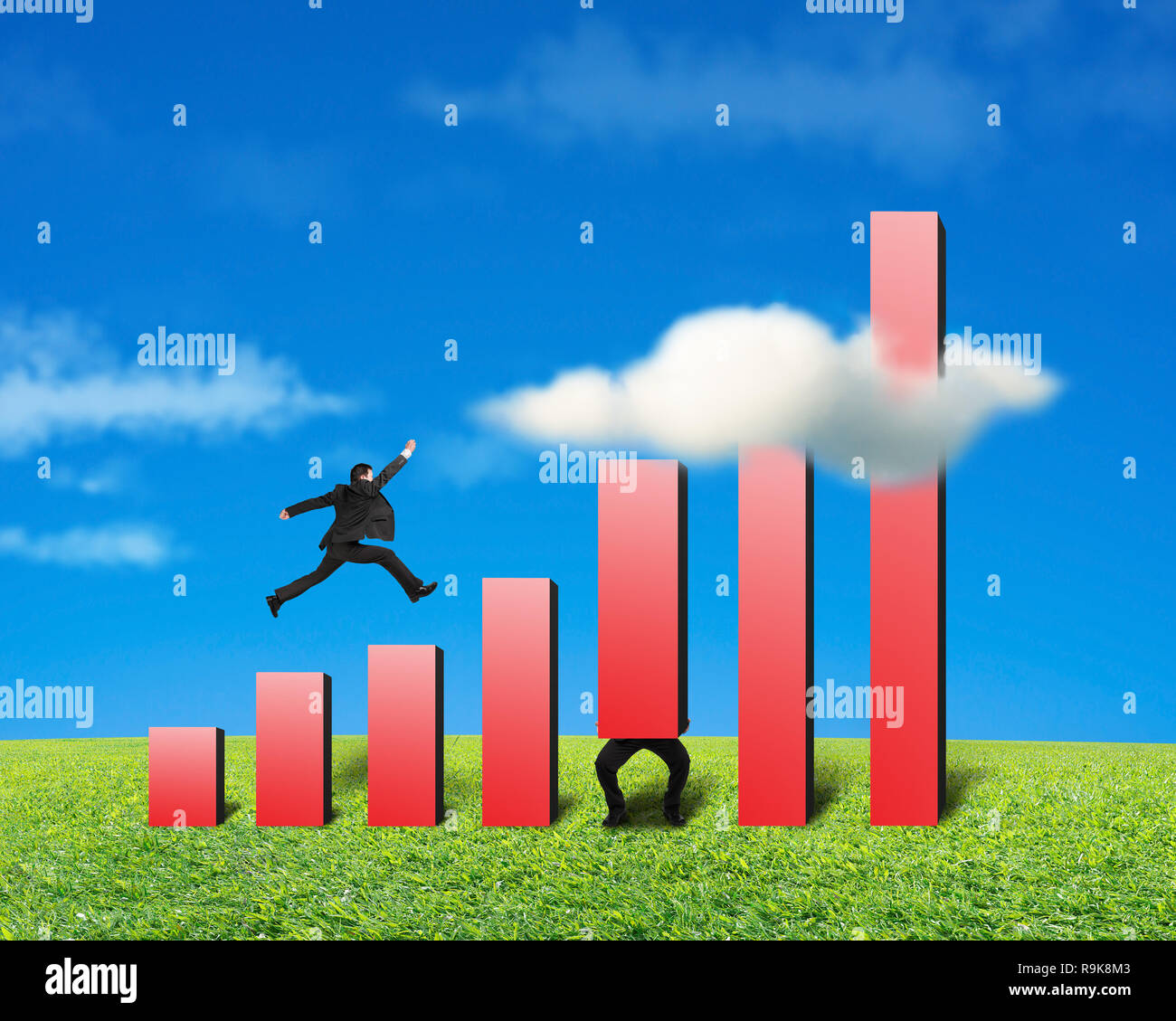 Businessman running and jumping on red bar char, another lifting one ...