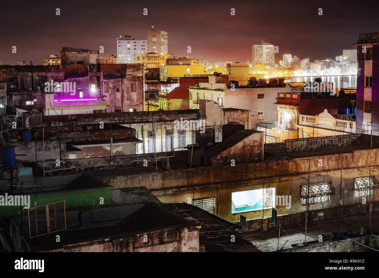 Panoramic night view over the roof tops of Havanna in Cuba Stock Photo ...