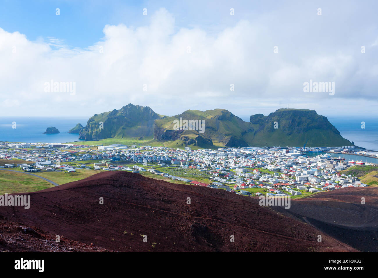 Heimaey town aerial view from Eldfell volcano. Iceland landscape ...