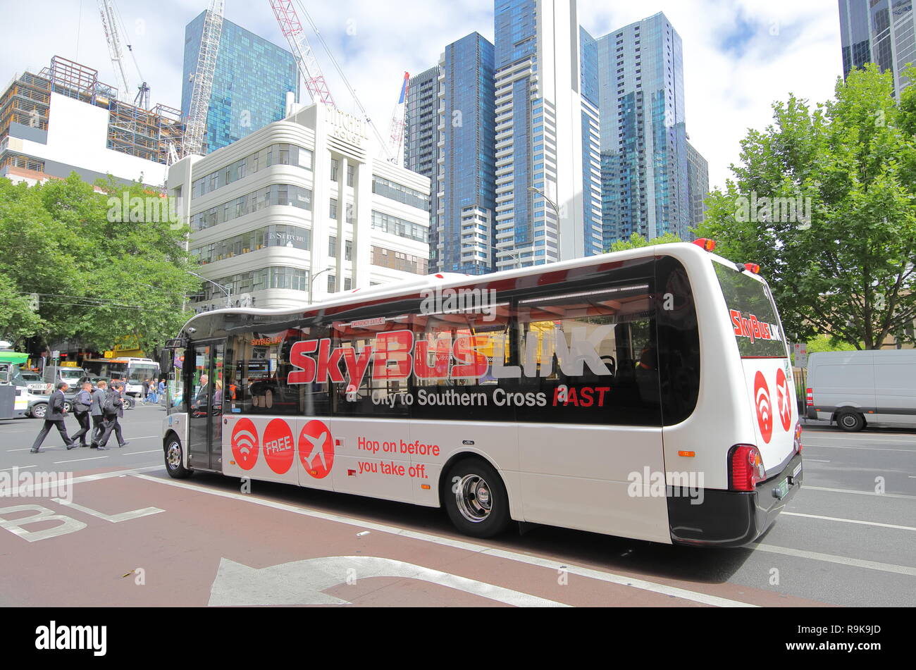 Skybus airport bus drive through downtown in Melbourne Australia Stock ...
