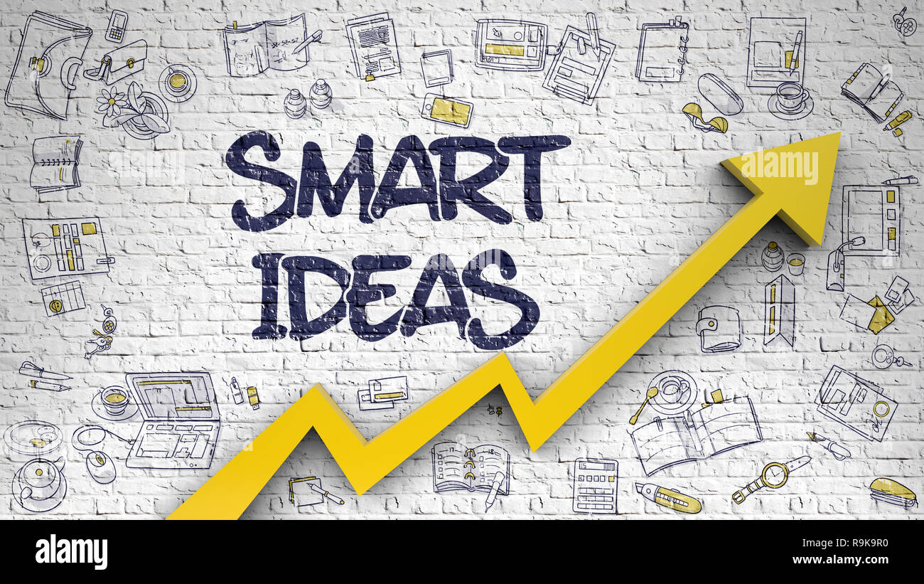 Smart Ideas Drawn on White Brick Wall. Illustration with Doodle Design ...