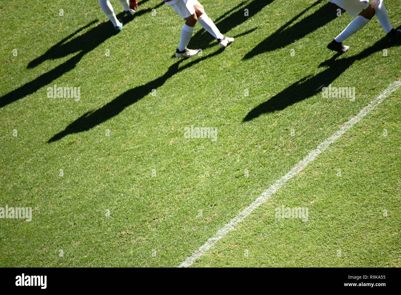 The shadows of football players in warm-up exercises on the green grass ...