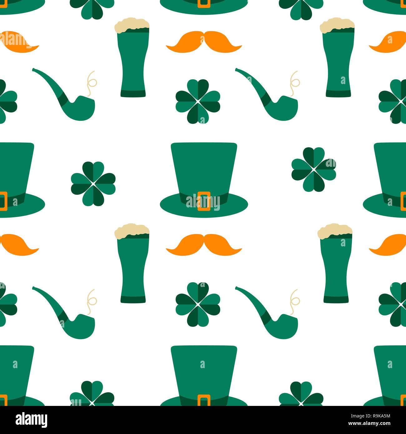 Seamless pattern with clover leaves, mustache, glass of beer, hat ...