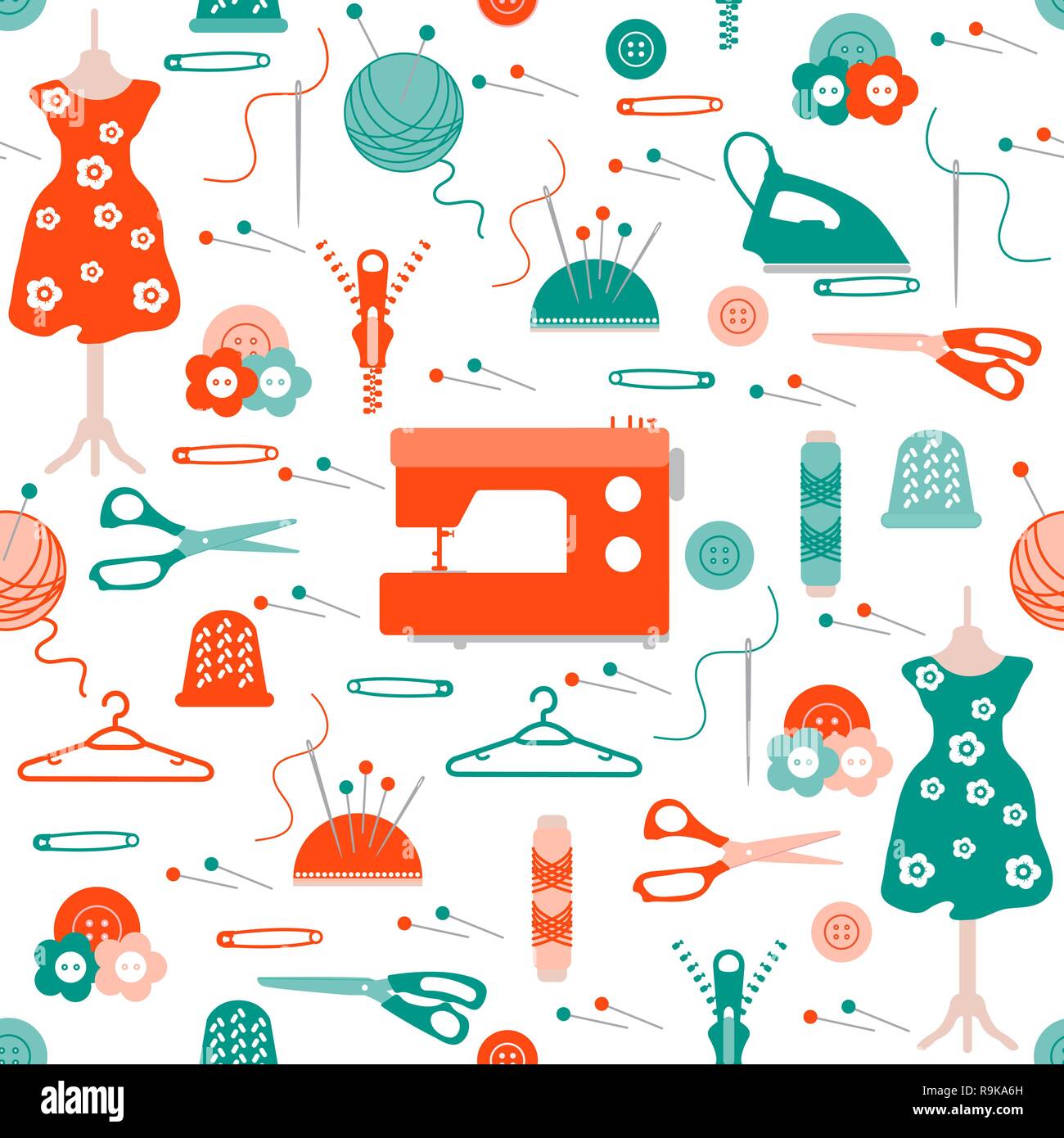 Seamless pattern with clew, knitting needles, mannequin, dress, hangers ...