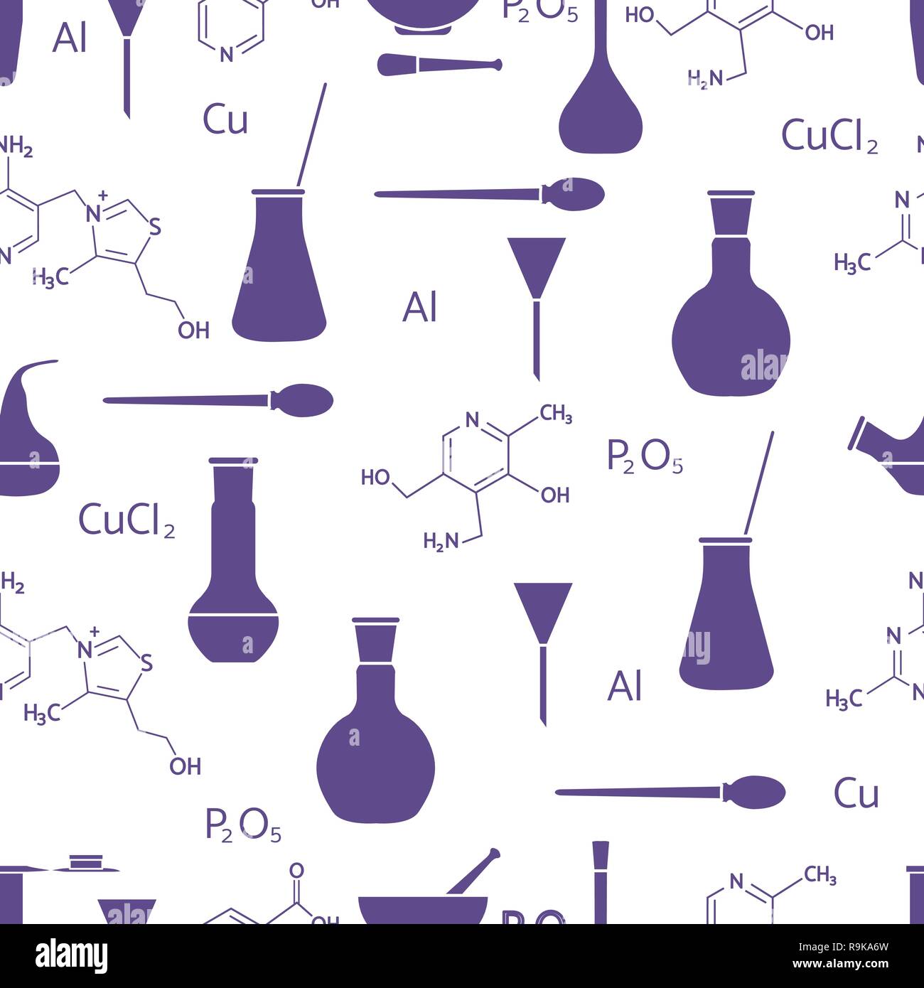 Scientific vector seamless pattern with flasks, test tubes, beakers ...
