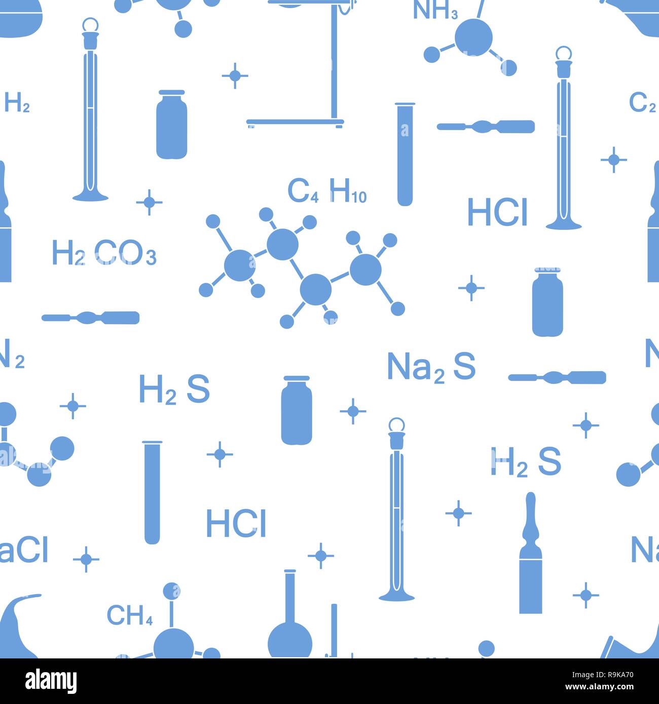Scientific vector seamless pattern with flasks, test tubes, beakers ...
