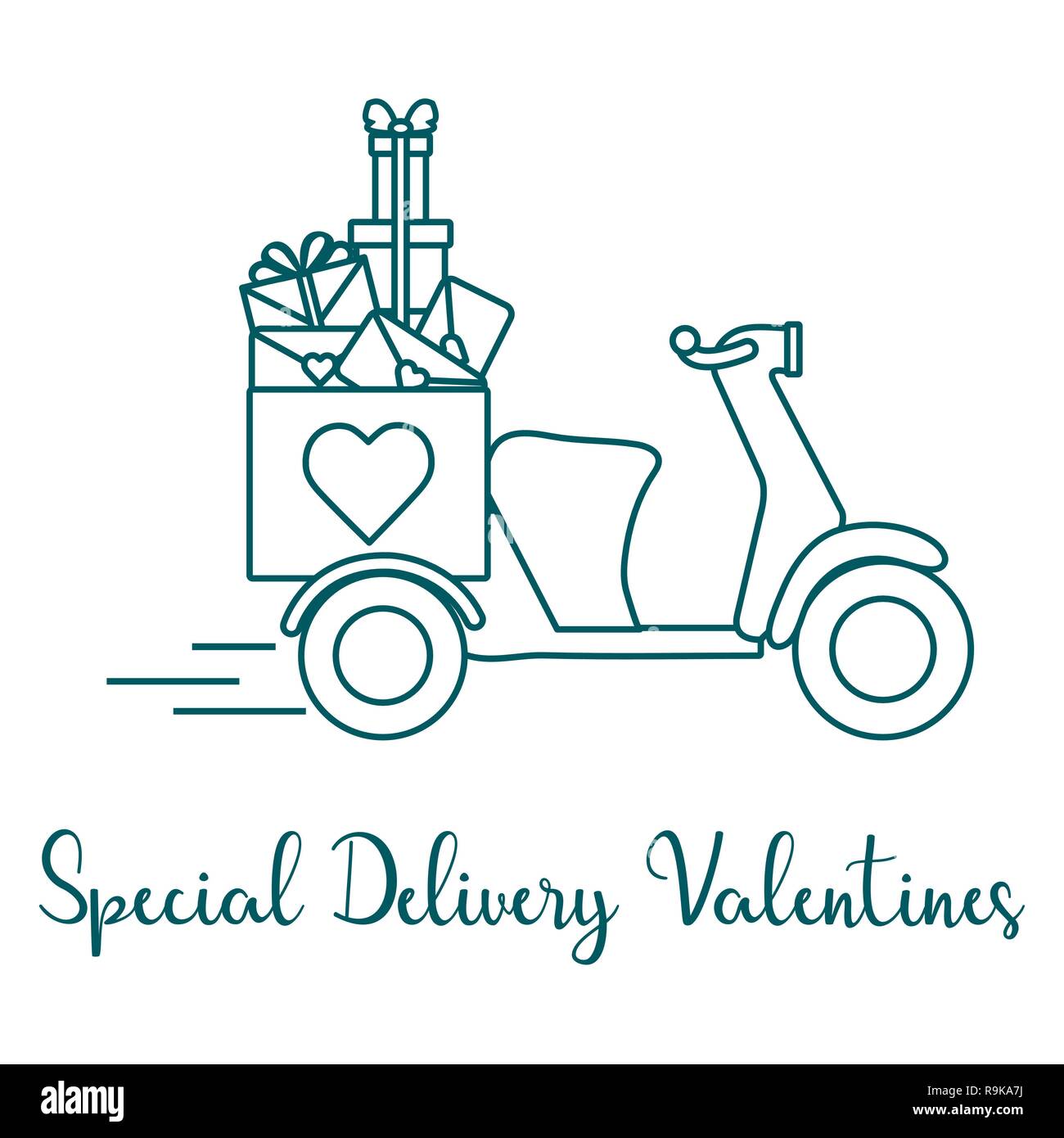Delivery motorbike. Special delivery valentines. Happy Valentine's Day ...