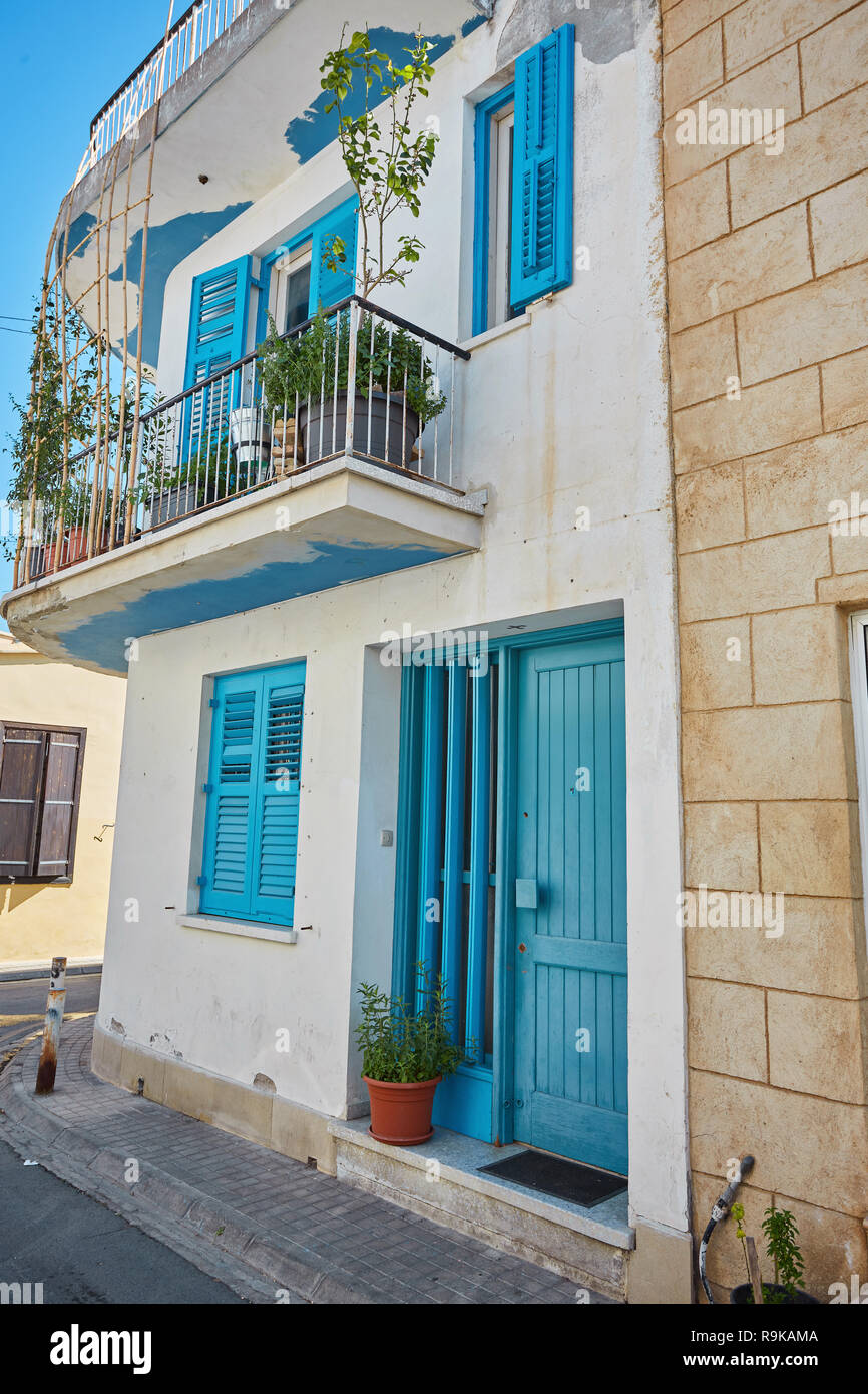 Typical exterior of Greek traditional town street with colorful ...