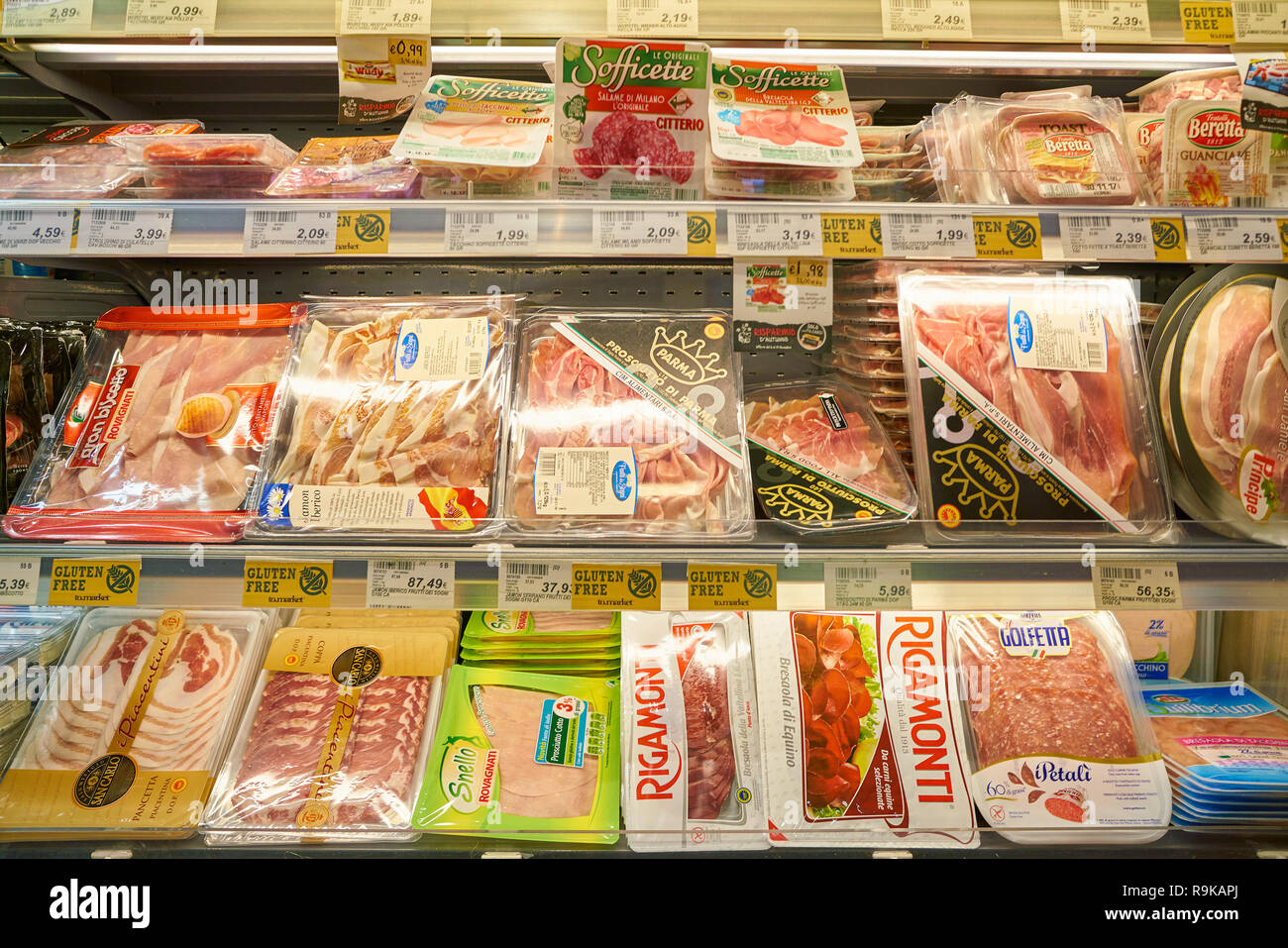 MILAN, ITALY - CIRCA NOVEMBER, 2017: assortment of meat products on ...