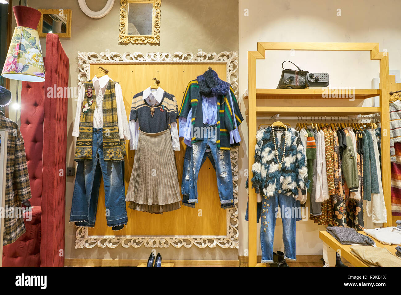 MILAN, ITALY - CIRCA NOVEMBER, 2017: clothing on display at retail ...