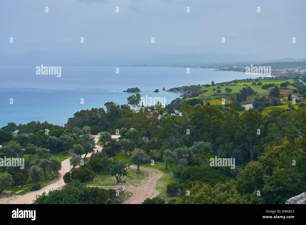 Looking across a campsite towards Chrysohou Bay, Laatchi, Polis and the ...