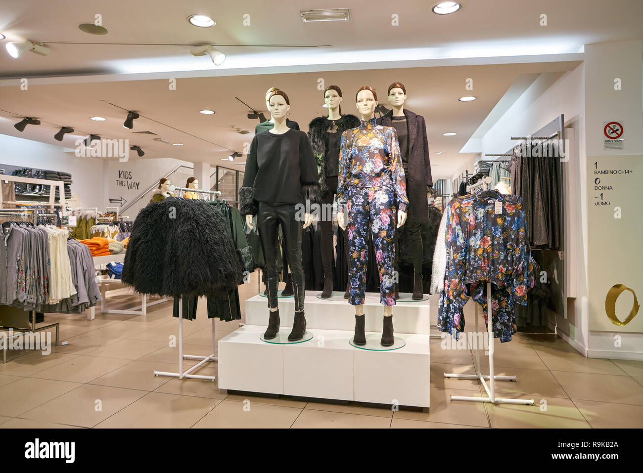 MILAN, ITALY - CIRCA NOVEMBER, 2017: clothing on display at retail ...