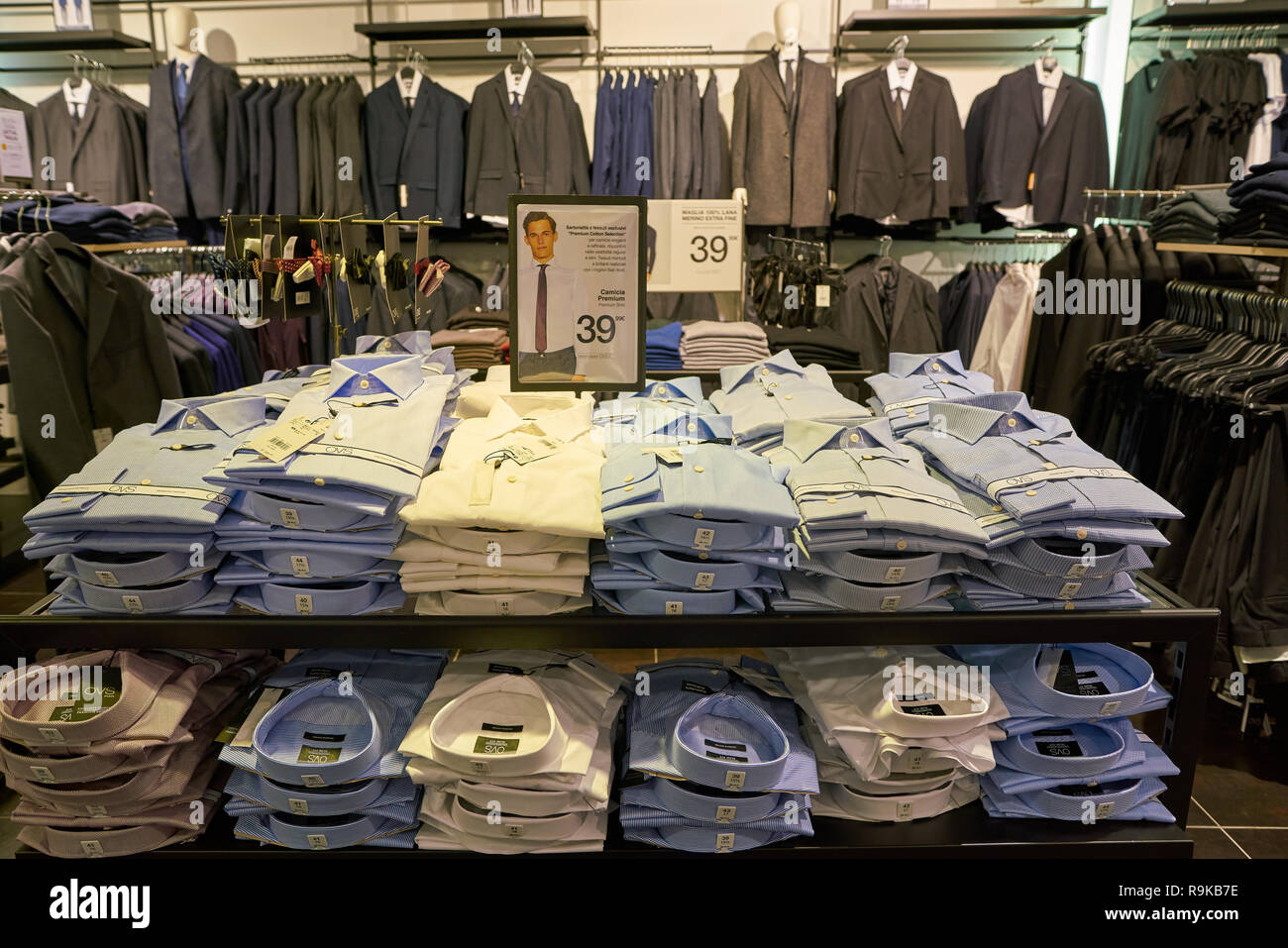MILAN, ITALY - CIRCA NOVEMBER, 2017: clothing on display at retail ...